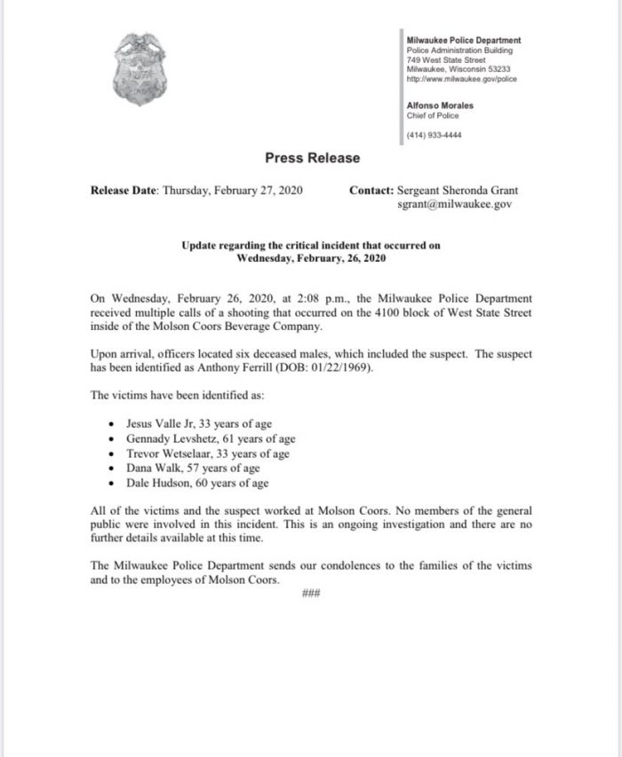 Milwaukee Police reveal the shooter at Molson-Coors brewing company - P ...