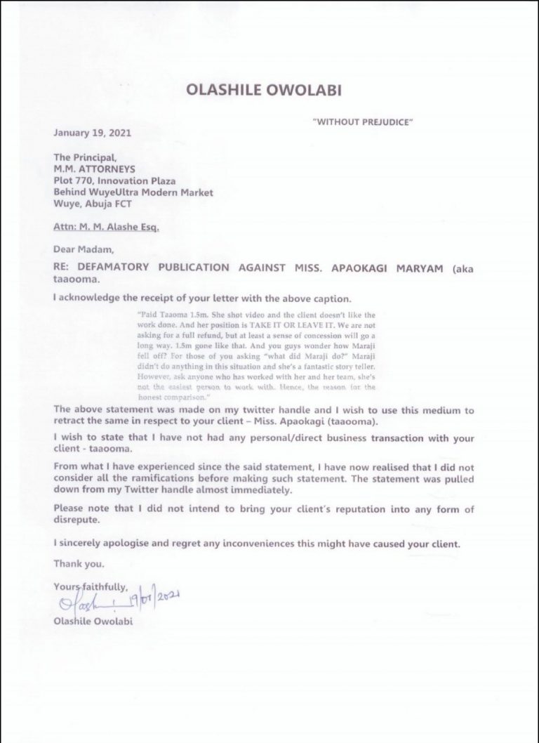 Defamation: Clout chaser tenders apology letter to Taaooma - P.M. News