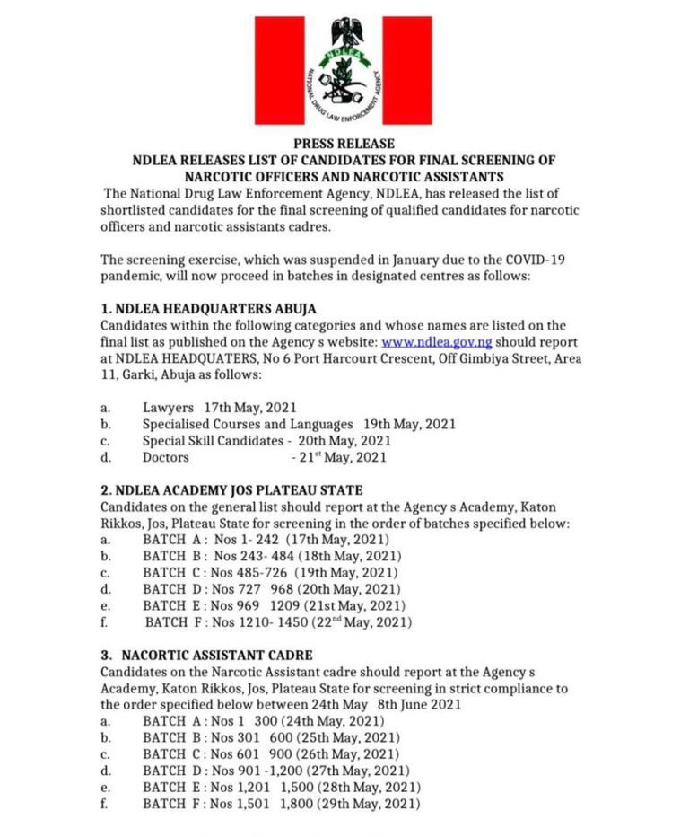 NDLEA releases candidates list for final screening - P.M. News