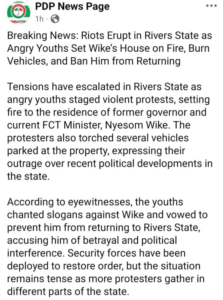 Did youths burn down Wike's house today? - P.M. News