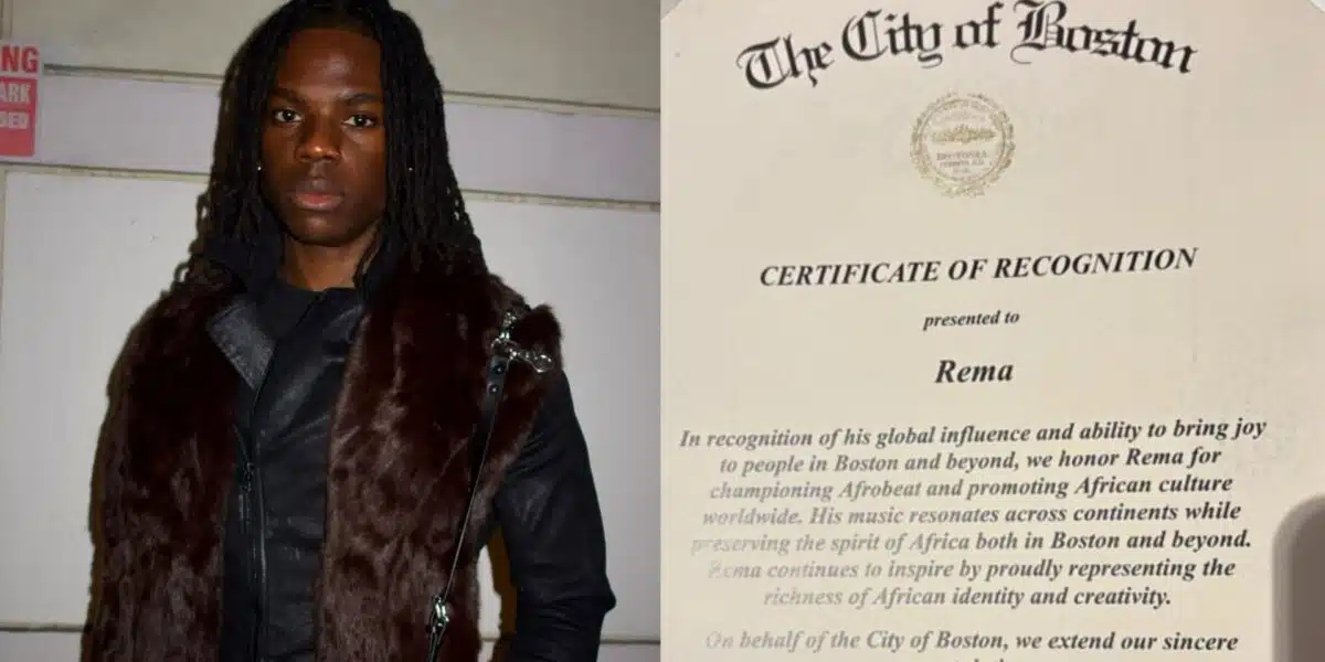 Rema awarded certificate of recognition from Boston - P.M. News