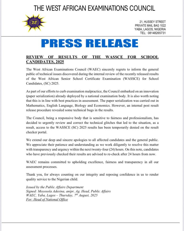 Breaking: WAEC withdraws 2025 results over mass failure - P.M. News
