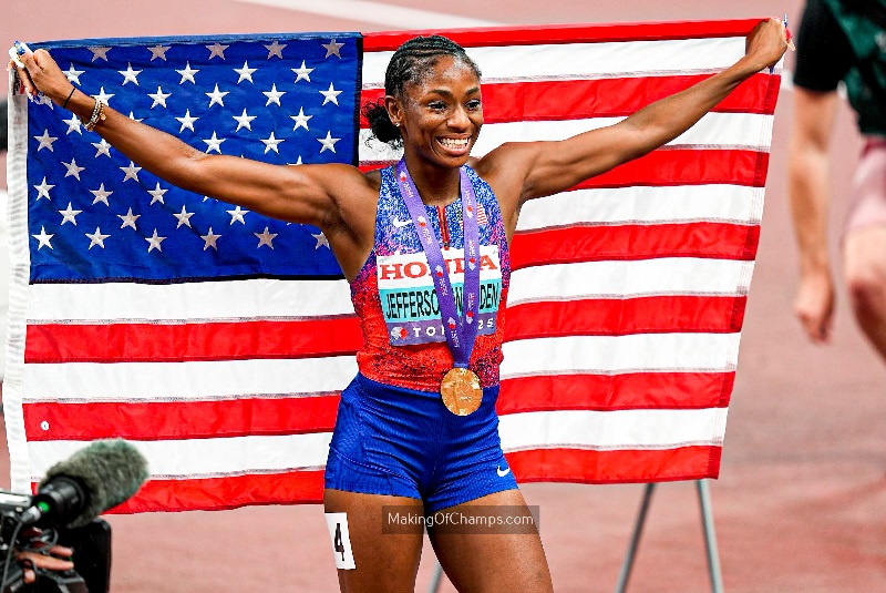 American sprint Queen Jefferson-Wooden blazes to 100m World Title in ...